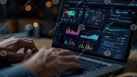 Close-Up of Hands Typing on Laptop Keyboard with Data Visualization ...