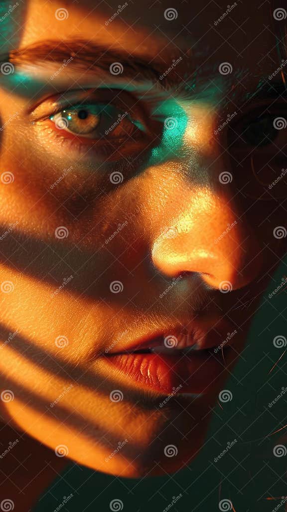 A Closeup Shot of a Human Faces with Dynamic Light and Shadow Effects ...