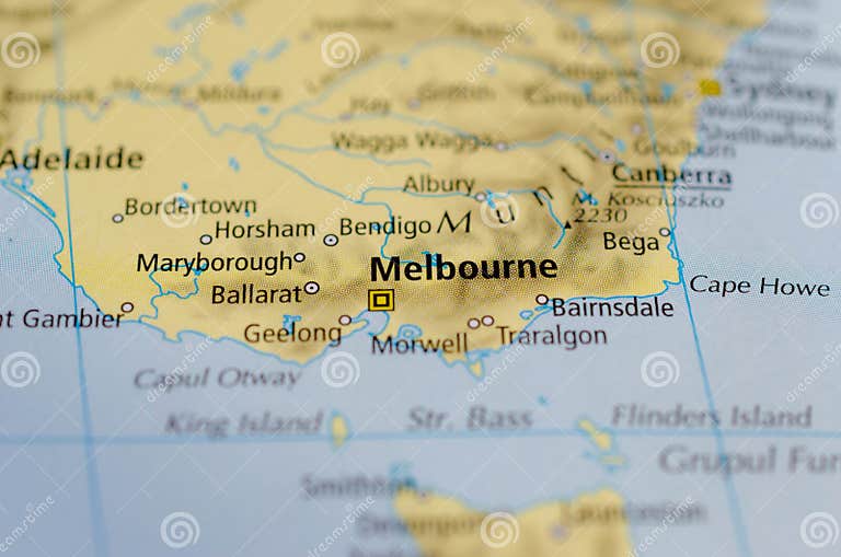 Melbourne on map stock photo. Image of geelong, paper - 114065400