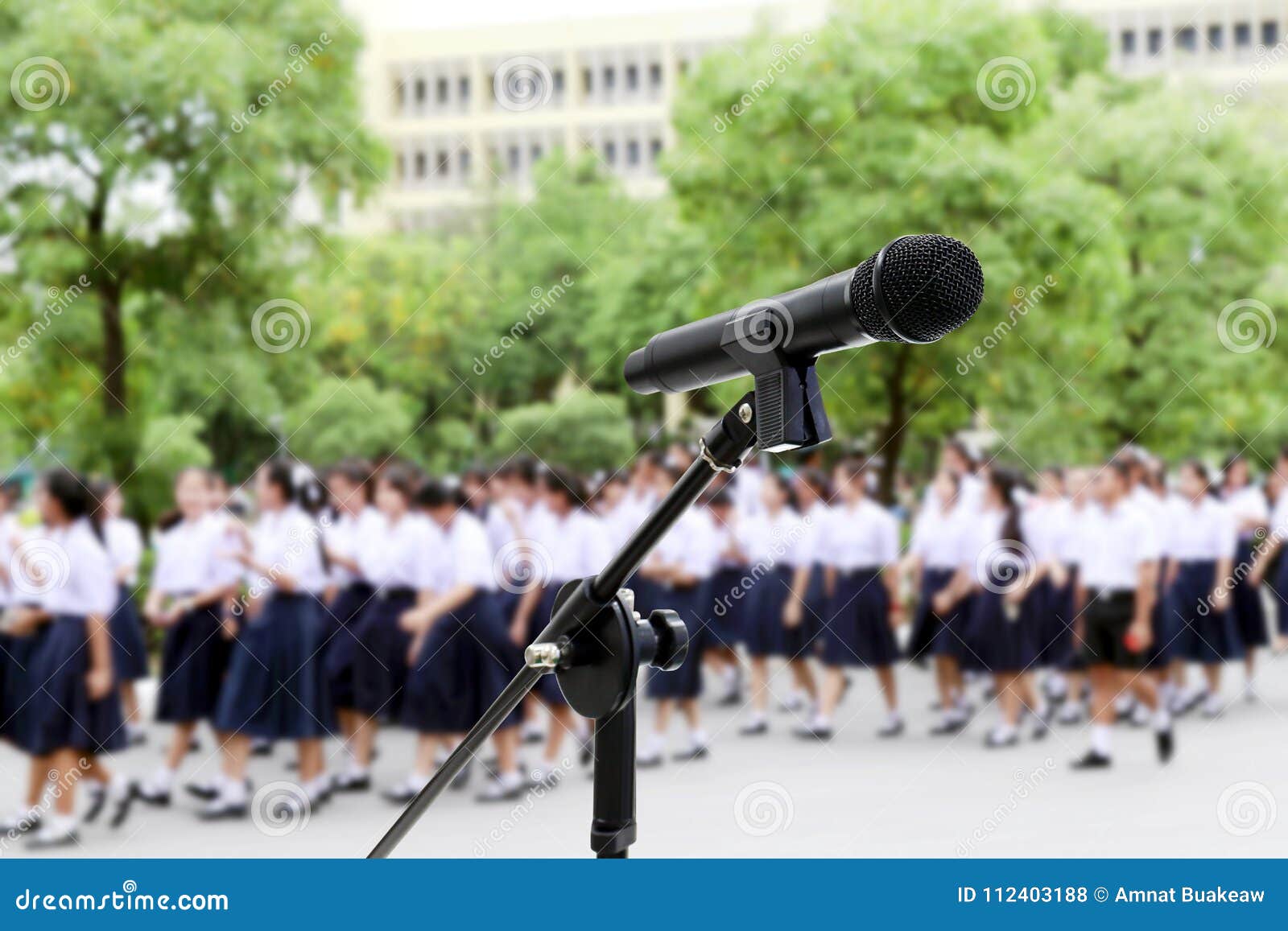 Microphone Close Up Shot on Blurred Students High School Walking for ...