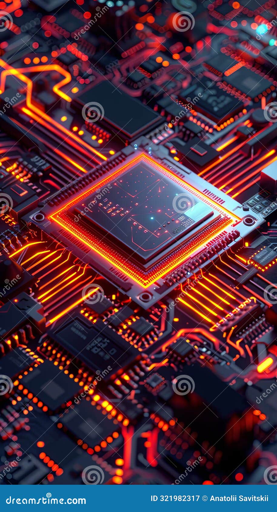 A Close-up Shot of a Microprocessor on a Motherboard, Illuminated by ...