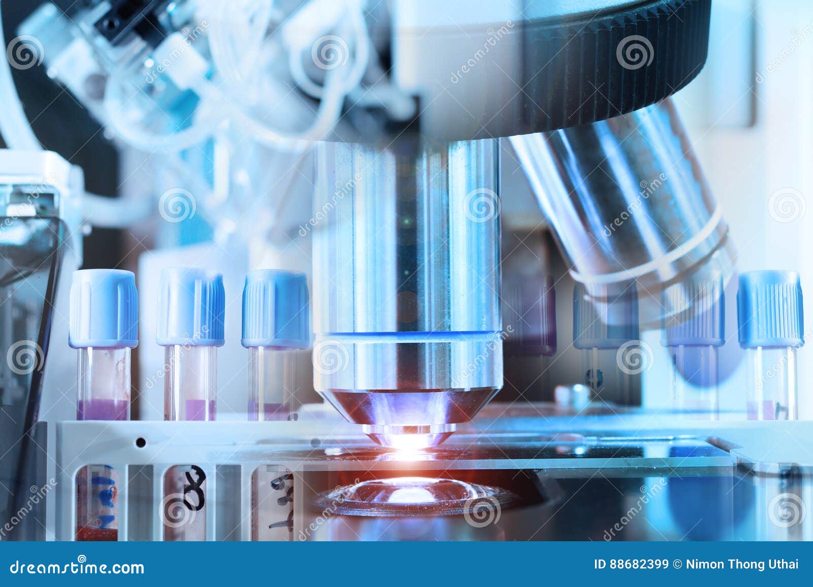 Close Up Shot of Microscope at the Blood Laboratory and Blood Testing ...