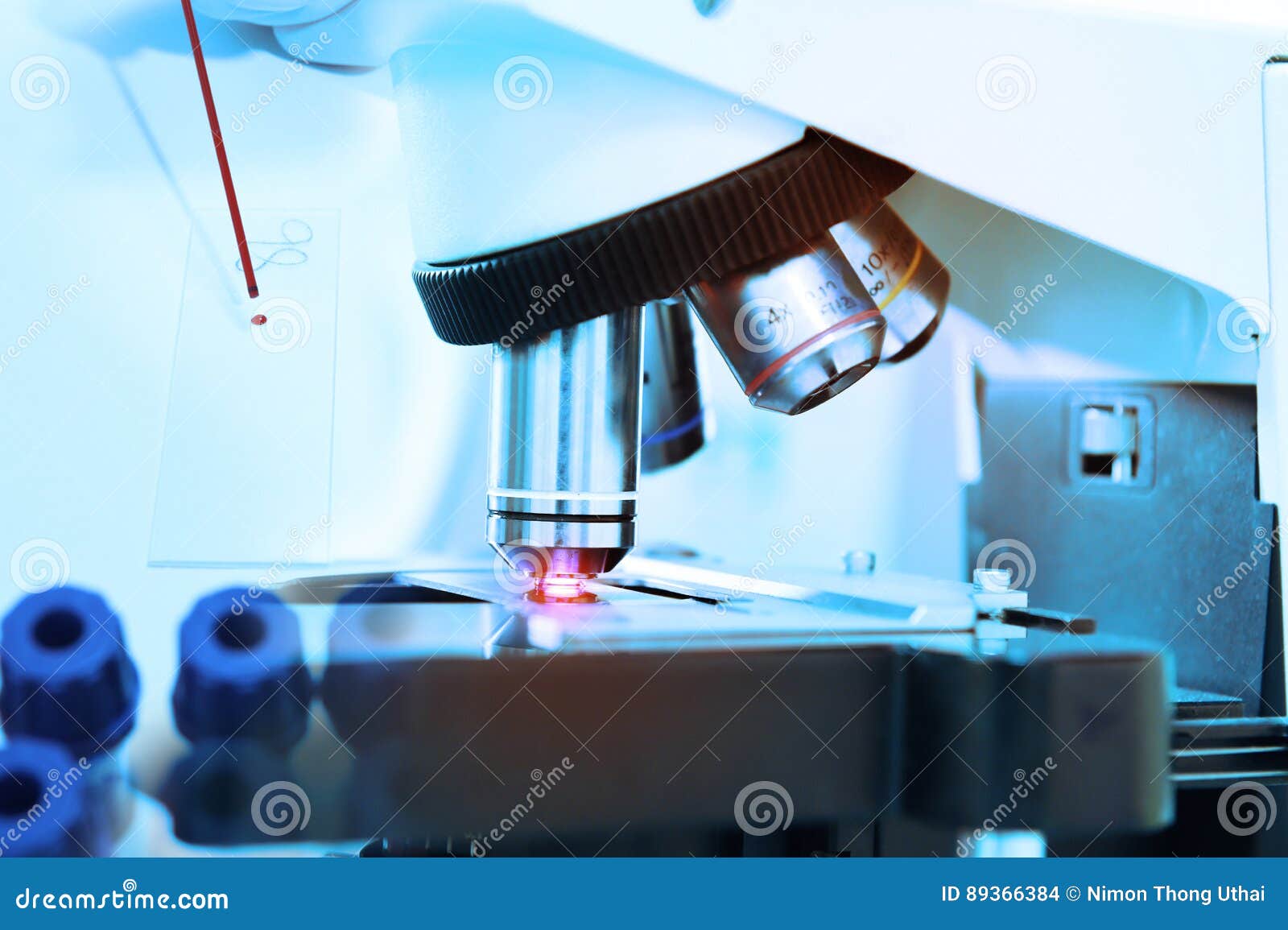 Close Up Shot of Microscope at the Blood Laboratory and Blood Testing ...