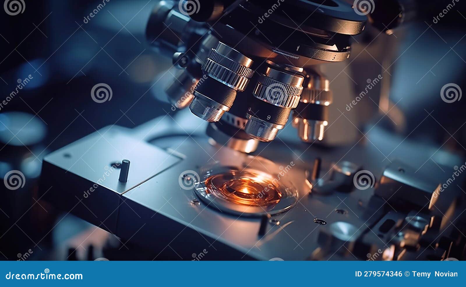 Close-up Shot of Microscope with Metal Lens at Laboratory. Generative ...