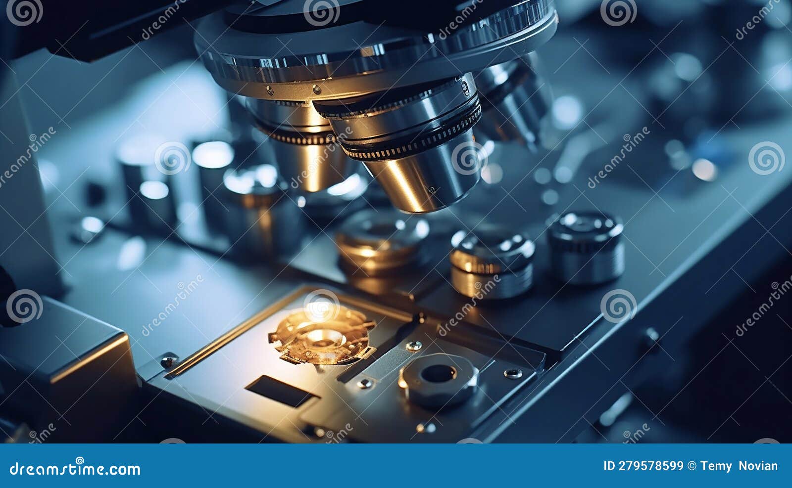 Close-up Shot of Microscope with Metal Lens at Laboratory. Generative ...