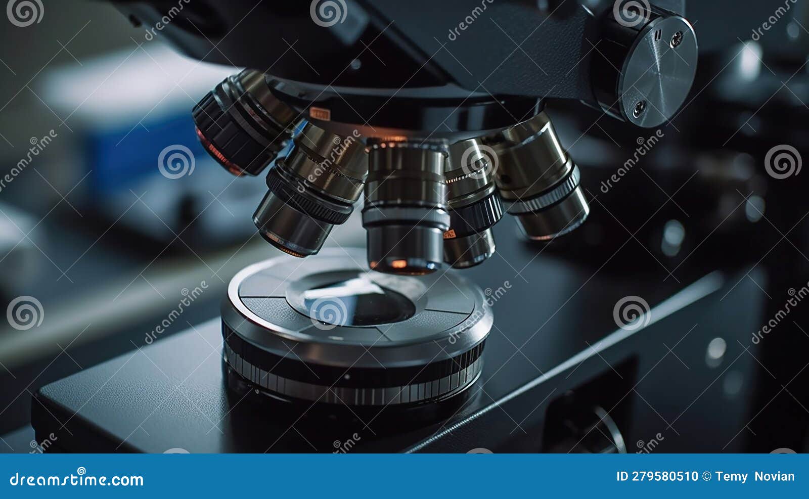 Close-up Shot of Microscope with Metal Lens at Laboratory. Generative ...