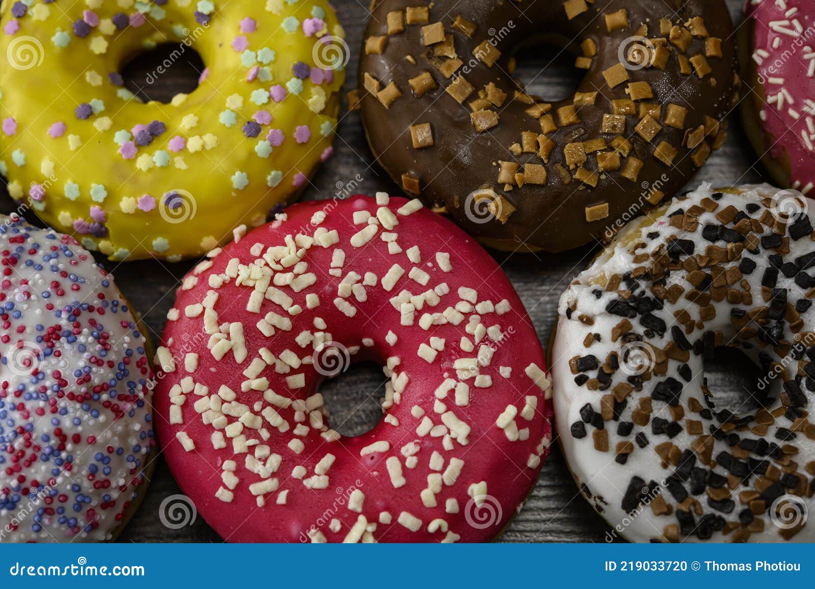 Multiple Delicious Donuts on Table Close Up Shot Stock Photo - Image of ...
