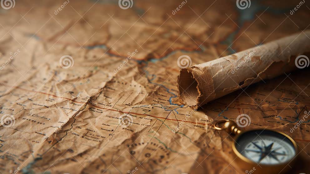 A Close-up Shot of an Old, Weathered Map with a Rolled Parchment and ...