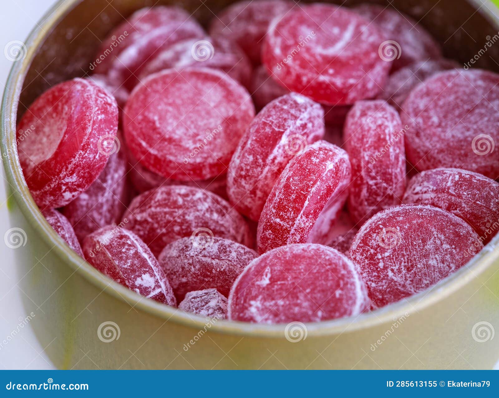 Close-up Shot of an Open Tin Box Full of Sour Cherry Drop Candies Stock ...