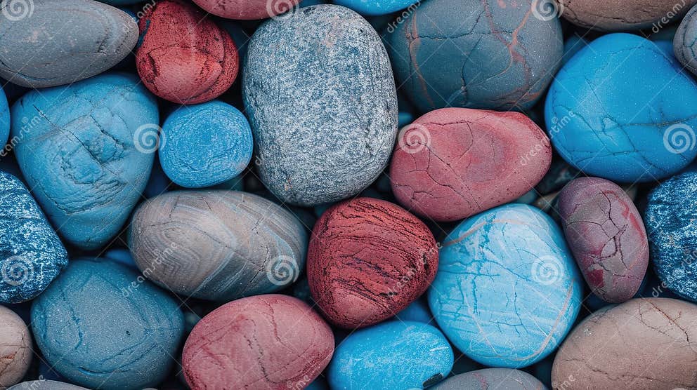 A Close-up Shot of Smooth, Blue and Red River Rocks with Various ...