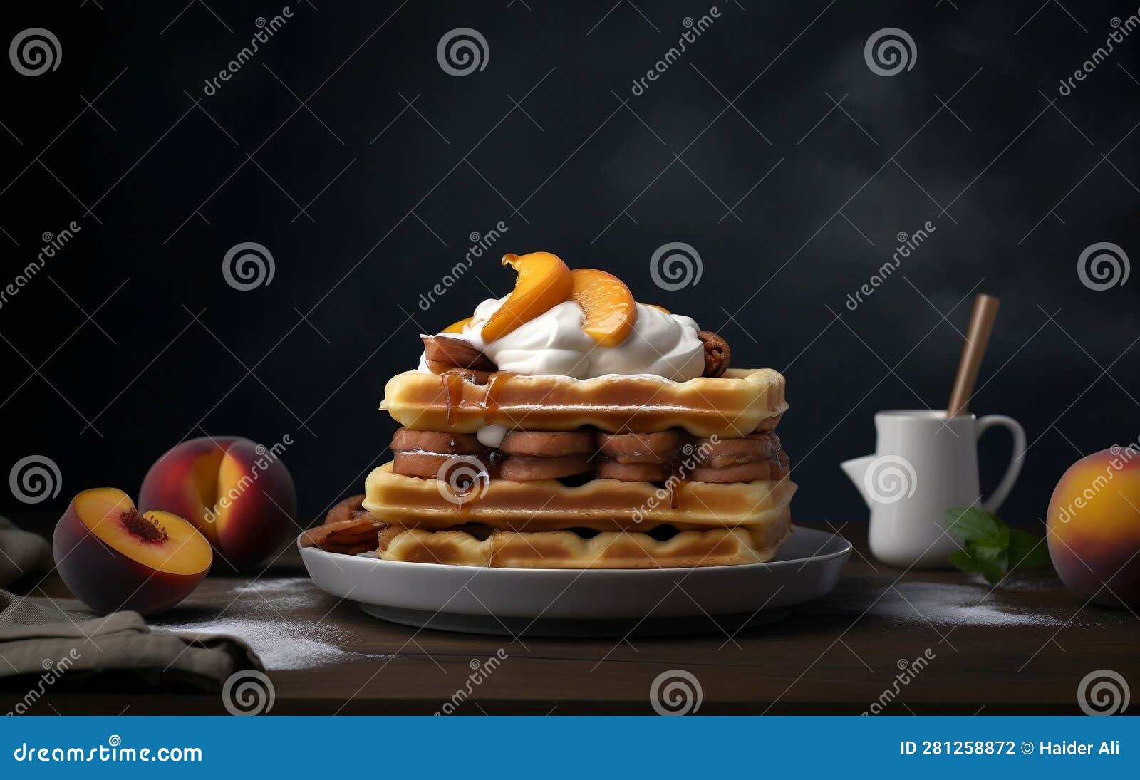 A Close Up Shot Of A Stack Of Fluffy Waffles With Whipped Cream ...
