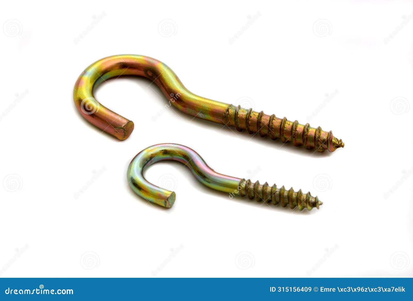 Close Up Shot of Two Size of Metallic Hook Screws Isolated on a White ...
