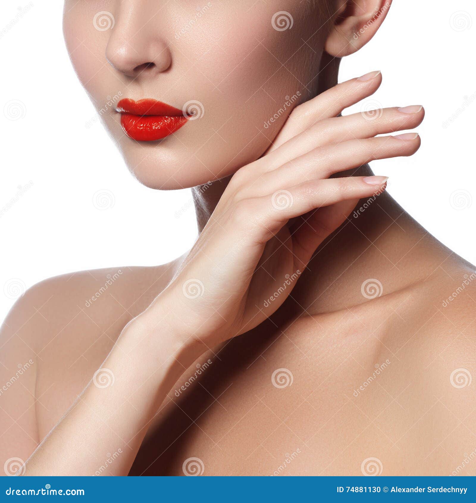 Close Up Shot Of Woman Lips With Glossy Red Lipstick Glamour Re Stock