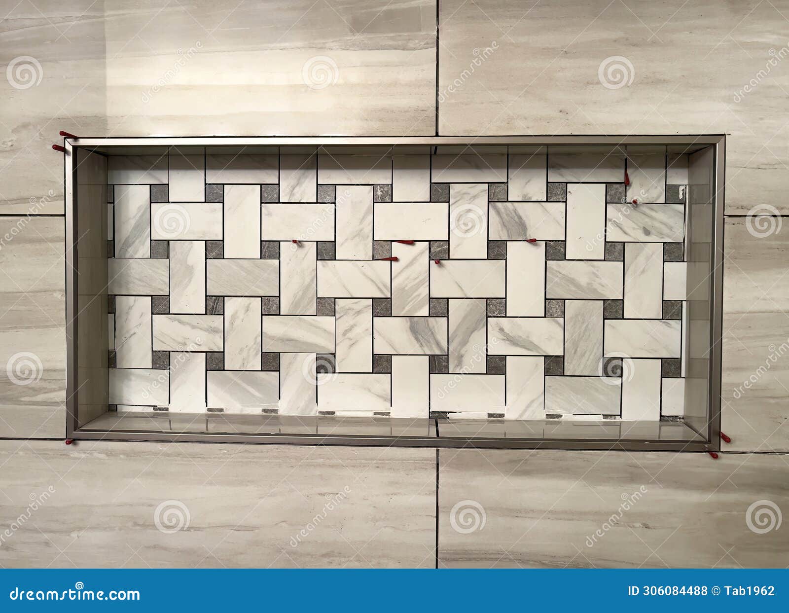 Close Up of Shower Wall with Built in Niche. Unique Pattern with Stone ...