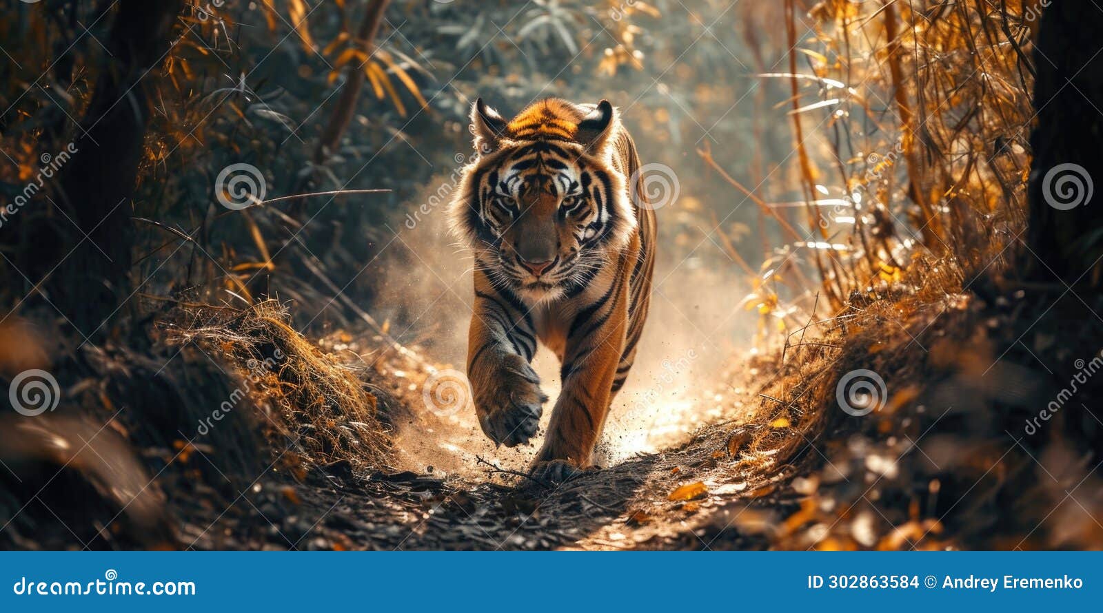 Close Up Siberian Tiger Walking on Road through Dark Forest Stock ...