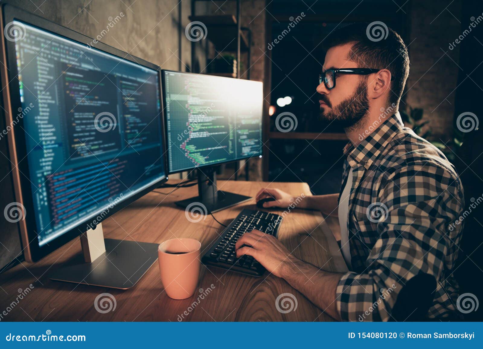 Close Up Side Profile Photo Handsome He Him His Guy Brainstorming Briefing Coder Typing Php Css
