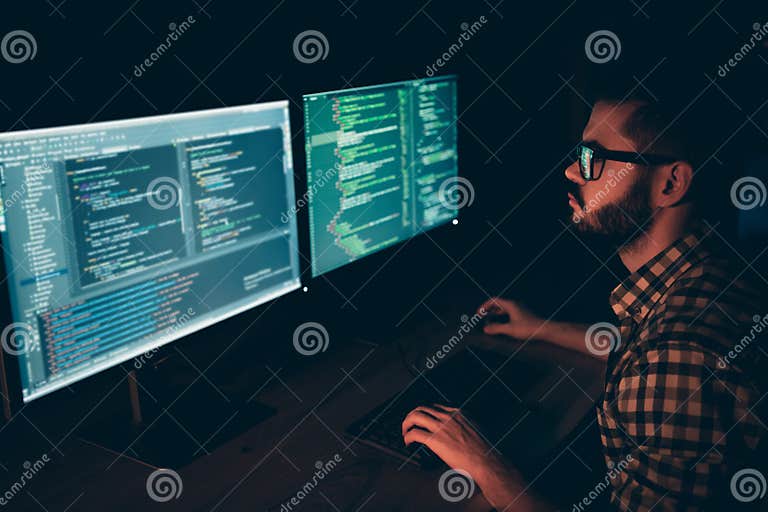 Close Up Side Profile Photo Handsome he Him His Guy Coder Typing Keyboard Development Outsource ...