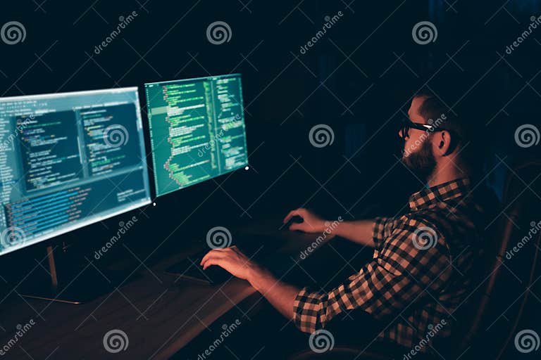 Close Up Side Profile Photo Handsome he Him His Guy Coder Typing ...