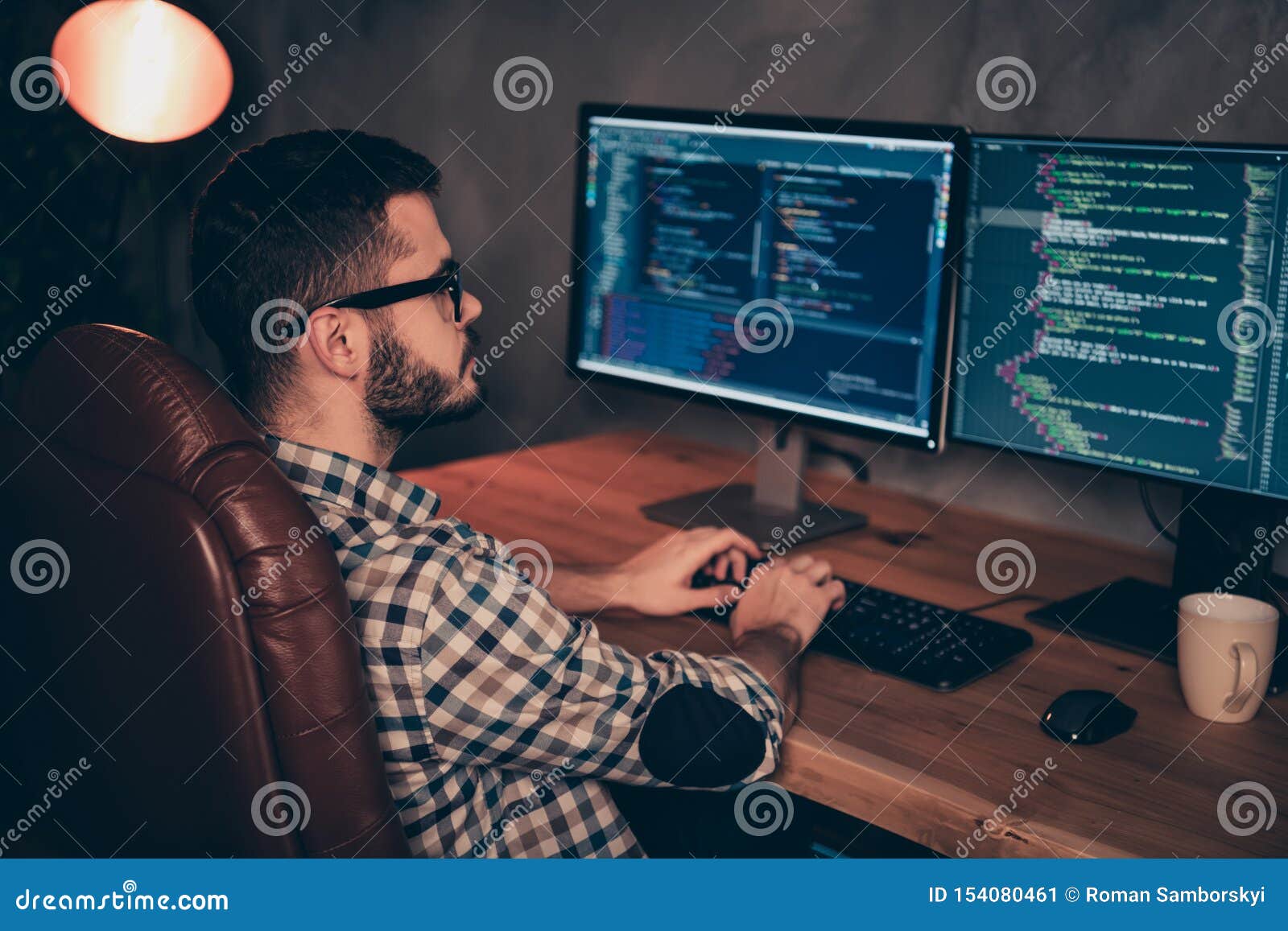 Close Up Side Profile Photo Handsome he Him His Guy Coder Typing Php ...