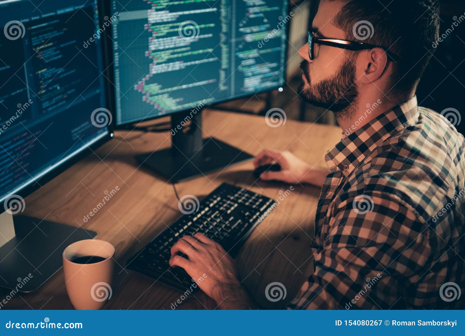 Close Up Side Profile Photo Handsome He Him His Guy Linux Windows Cross Platform Coder Typing