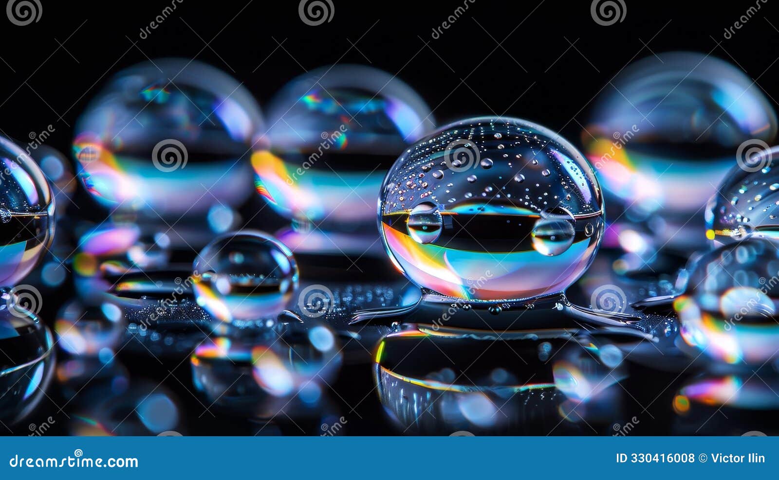 Close Up Side View Black Mirror Adorned with Rainbow Water Droplets for ...