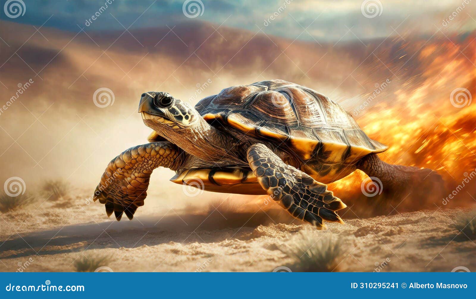 Fast Turtle Running at Full Speed in the Desert with Flames- Generative ...