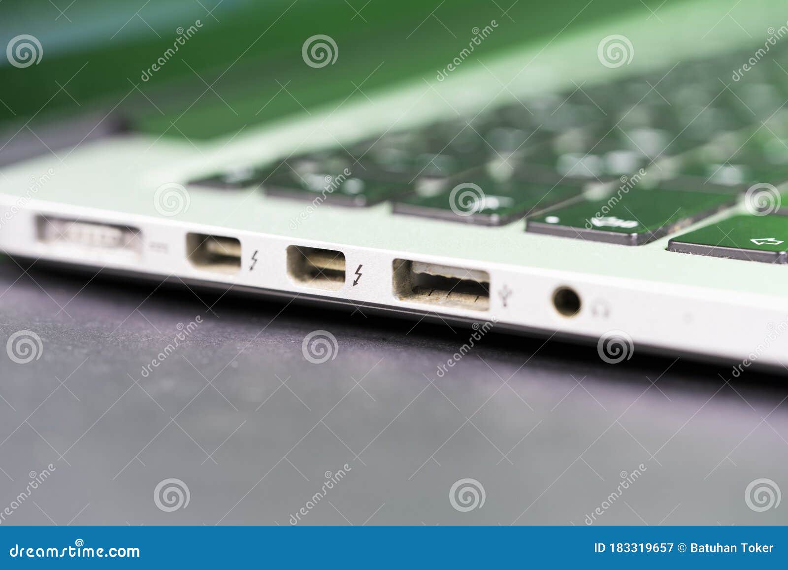 Close Up Side View of Laptop Computer. Old and Dirty USB Port Stock ...