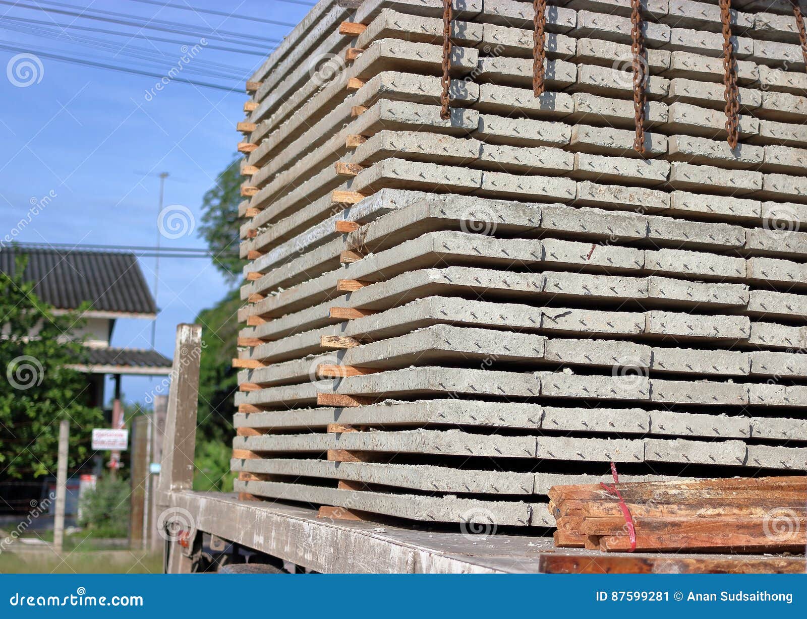 Close Up Side View Of Truck While Load Stack Of Prestressed Concrete ...