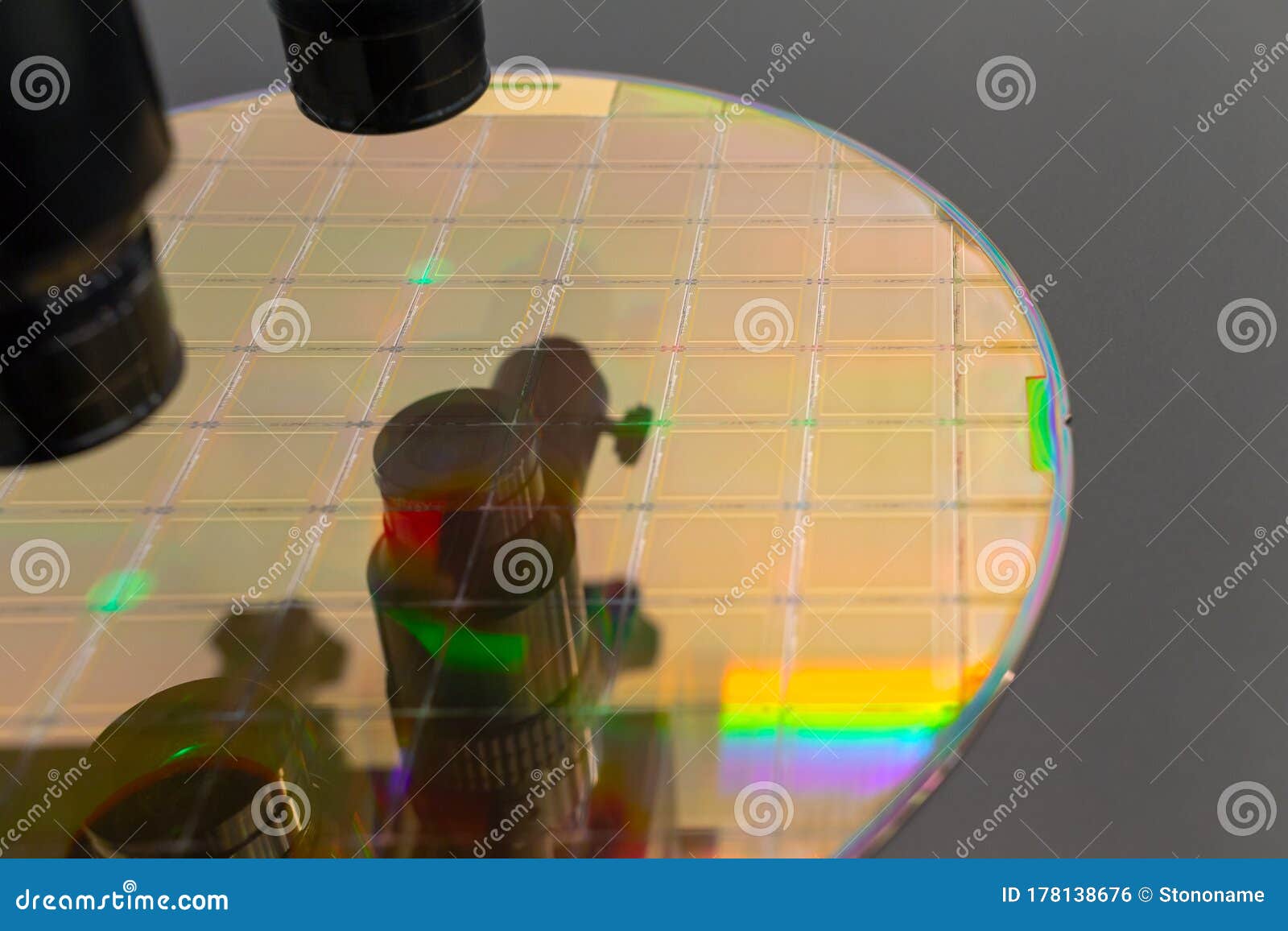 Close Up of Silicon Wafer with Microchips on Machine Process Examining ...