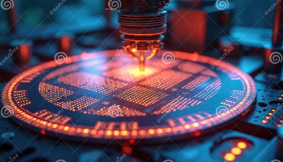 Close-up of Silicon Wafer during Semiconductor Manufacturing. Intricate ...