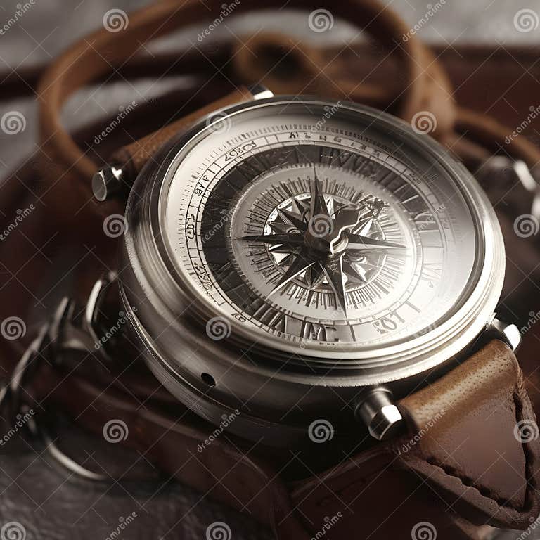 Close-up of a Silver Compass with a Leather Strap One Generative AI ...