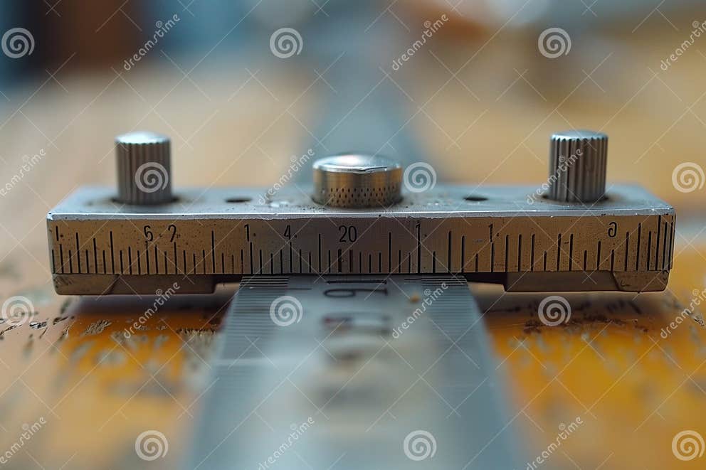 Close Up of a Silver Measuring Device with Knobs and a Ruler Stock ...
