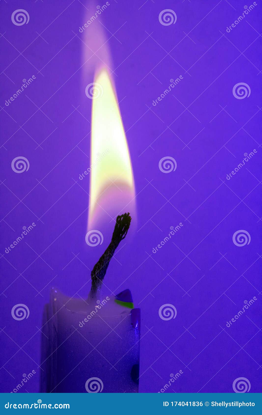A Close Up of a Single Candle Flame and Wick on Coloured Background ...