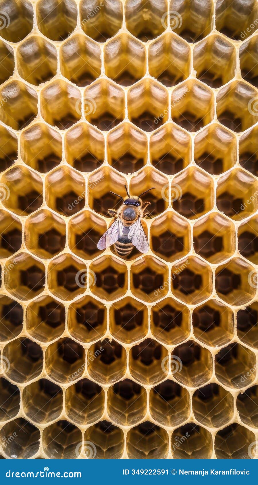 Close-Up of Single Honey Bee on Honeycomb Hexagonal Cell Structure ...