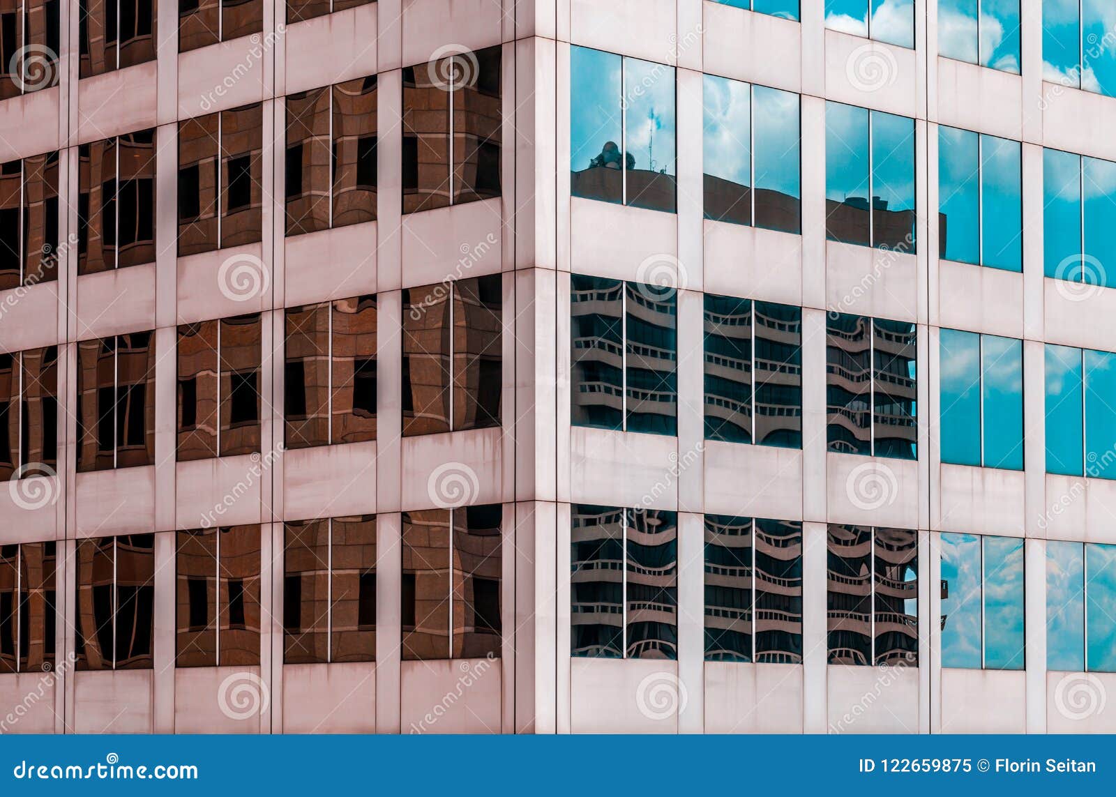 Close Up of Skyscraper with Buildings Reflecting in the Windows Stock ...