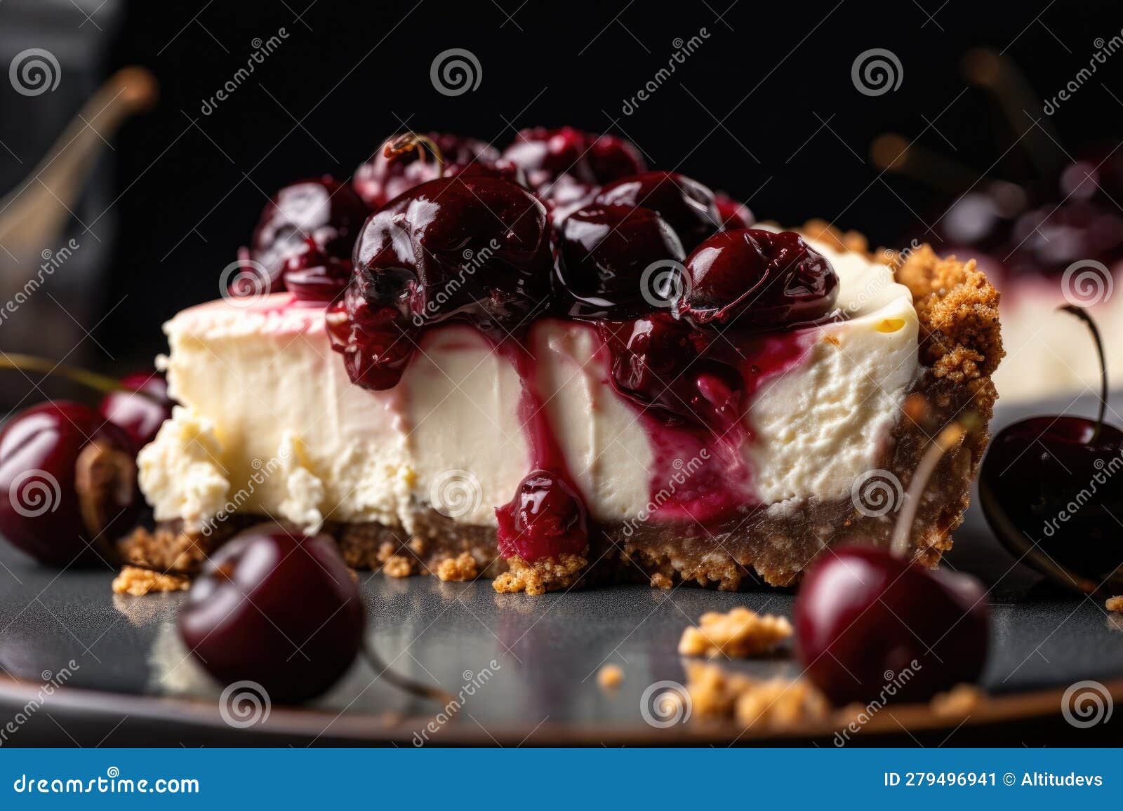 Close-up of Slice of Decadent Cheesecake, with Cherry and Graham ...