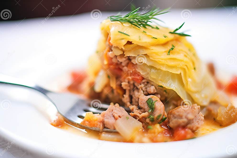 Close-up of Sliced Cabbage Roll Showing Layers, on a Fork Stock Photo ...