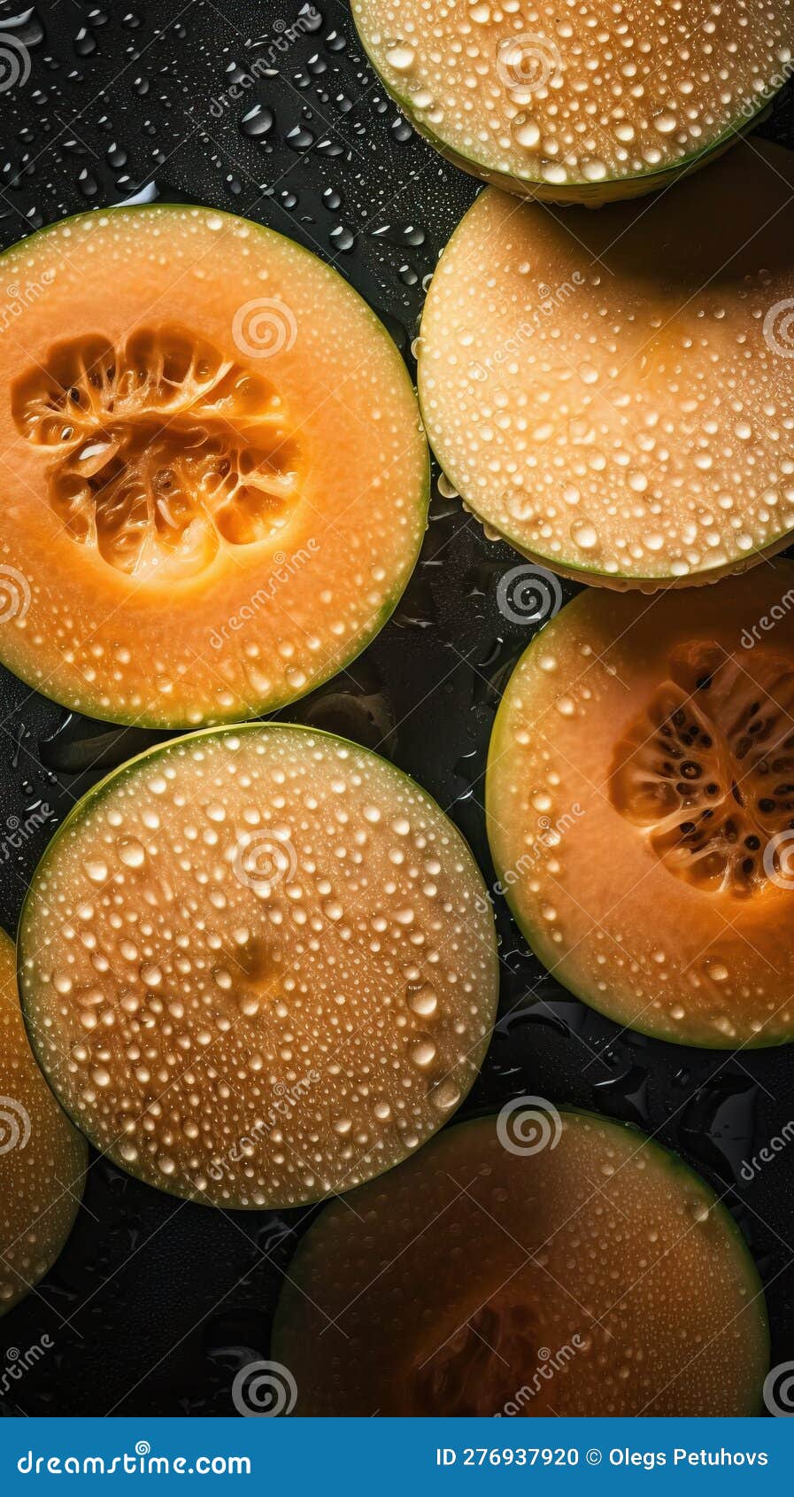 A Close Up of a Sliced Melon on a Black Surface with Drops of Water on ...