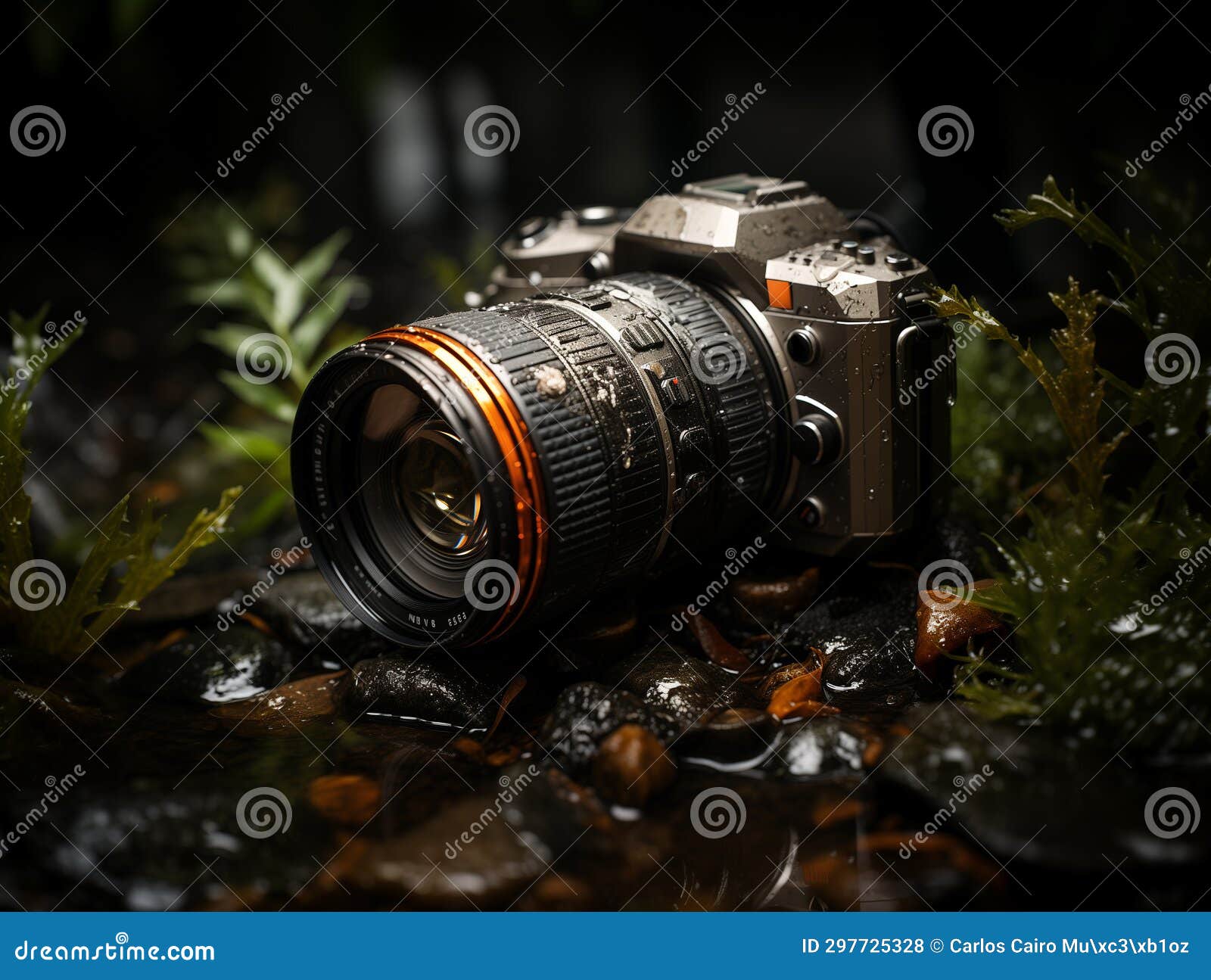 Close Up of SLR Camera in the Middle of a Wet Forest with Water Drops ...