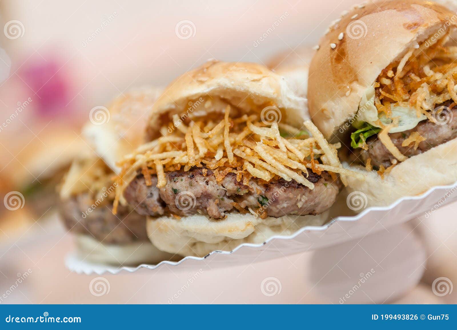 Close Up of Small American Hamburger Snack, with Ham, Cheesed Chips ...