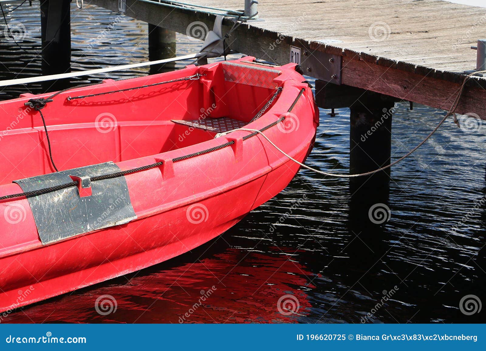 Close Up of a Small Red Dinghy Stock Image - Image of motor, blue ...