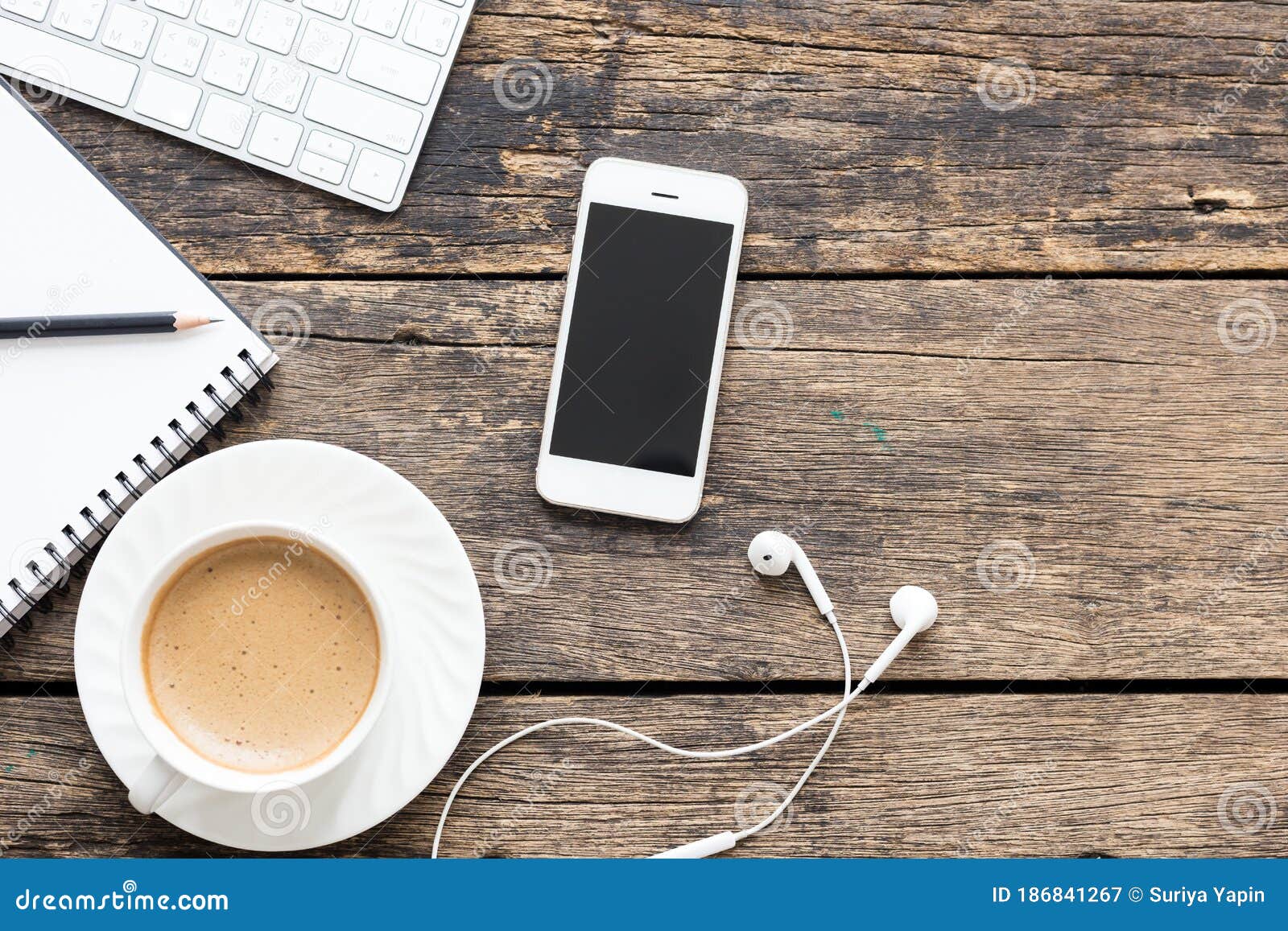 Smart Phone with Coffee Cup and Computer on Wooden Table Top View Stock ...