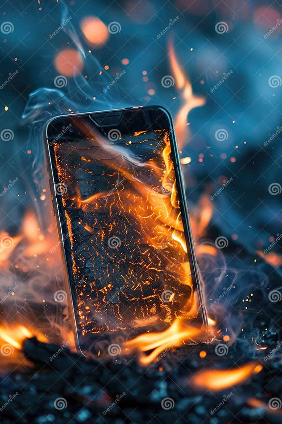 A Close Up of a Smart Phone in the Form of an Burn on Fire. Stock ...