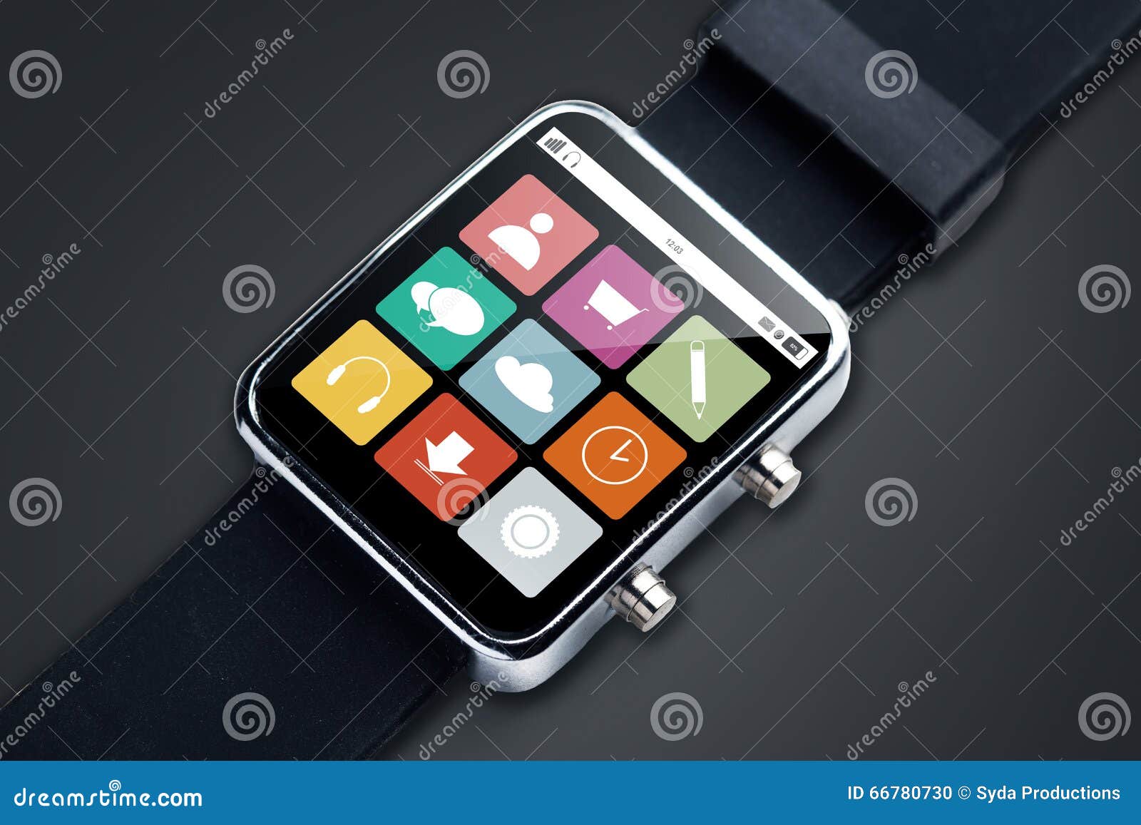 Close Up of Smart Watch with Menu Icons on Screen Stock Illustration ...