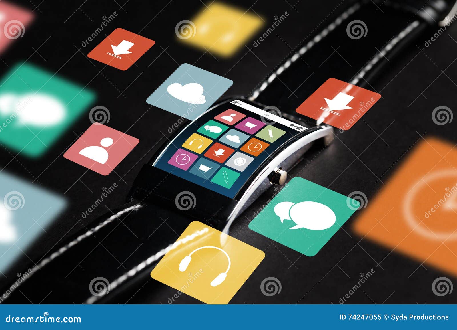 Close Up of Smart Watch with Menu Icons on Screen Stock Image - Image ...