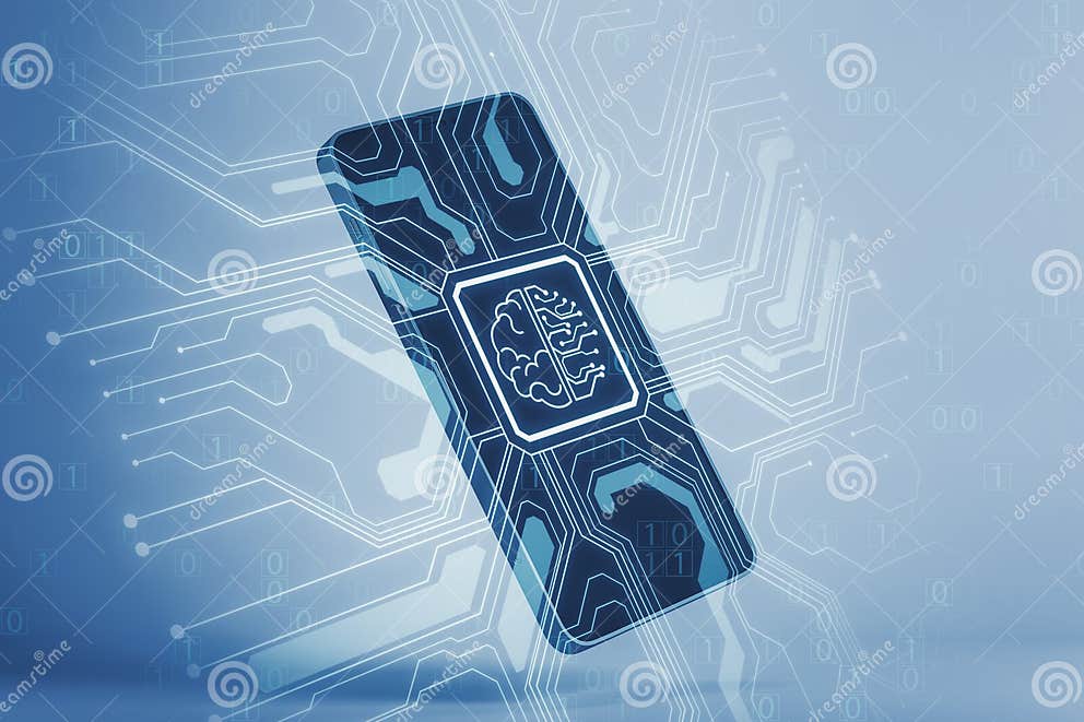 Close Up of Smartphone with Abstract Brain and Binary Code Circuit on Blurry Background. Chip ...