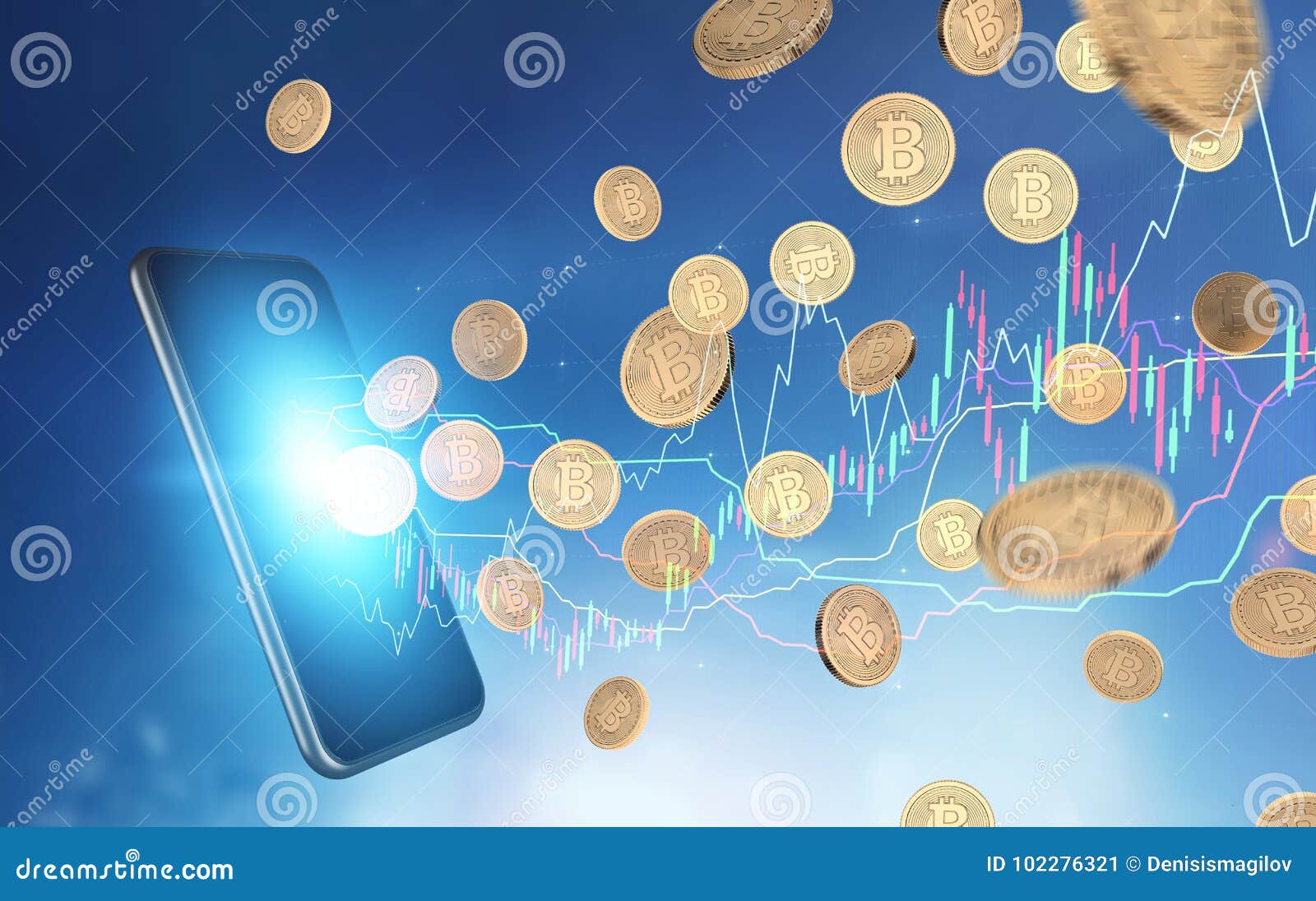 Smartphone, Bitcoins, Graph Stock Illustration - Illustration of global ...