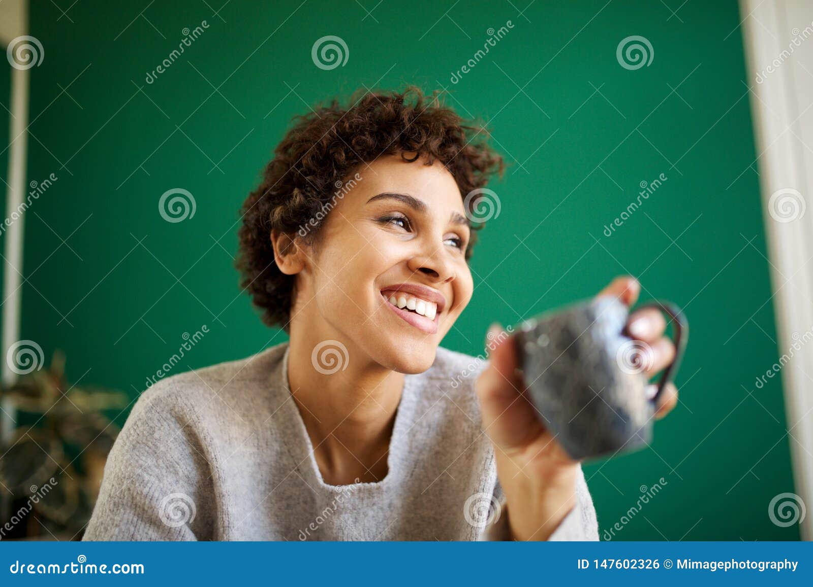 Close Up Smiling African American Woman Drinking Coffee From Cup Stock