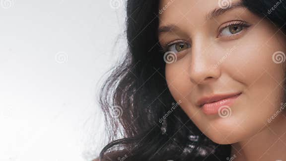 Close Up Of Smiling Asian Woman With Long Black Hair And Flawless Skin