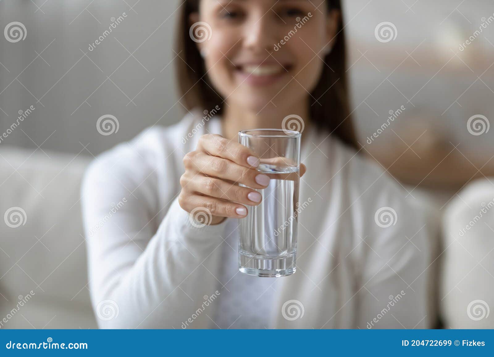 Close Up Smiling Young Woman Holding Glass Of Pure Water Stock Image